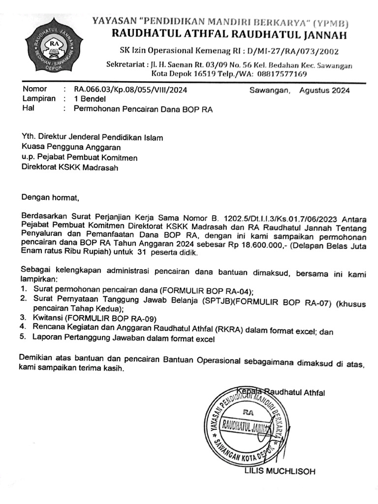 Surat Permohonan Pencairan RA RJ 2024 | PDF