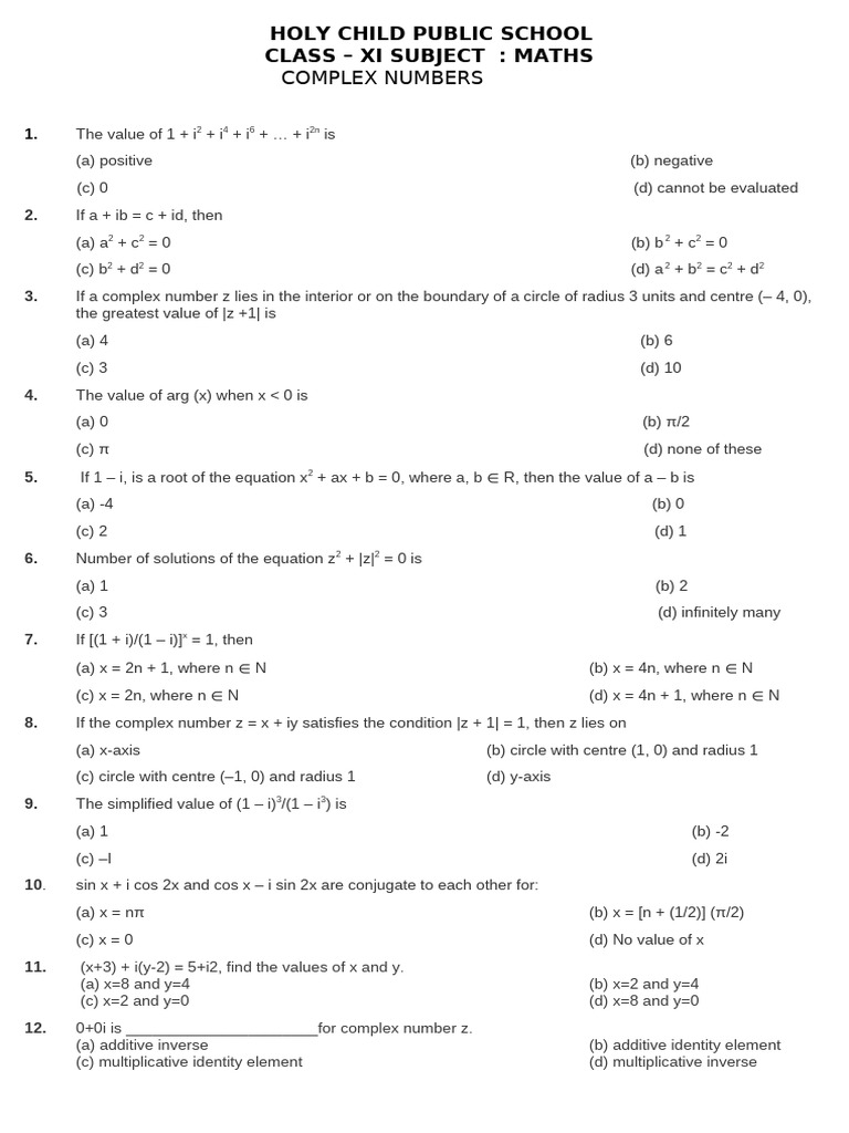 Complex Numbers Class XI Questions | PDF | Complex Analysis ...