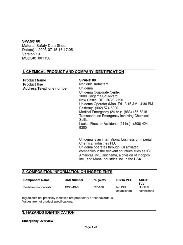 Msds Span 80 | PDF | Safety | Waste