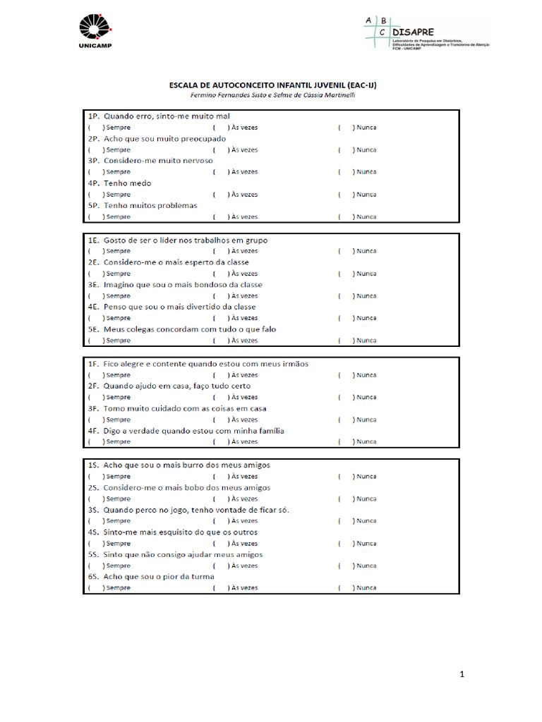 Escala de Auto conceito infanto-juvenil | PDF