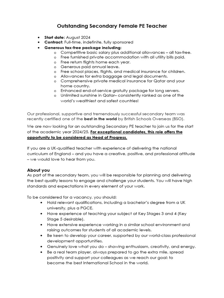 Secondary Female PE Teacher Advert - 2024 | PDF | Teachers | Career ...