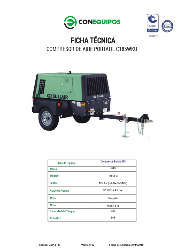Compresor Sullair 185 | PDF