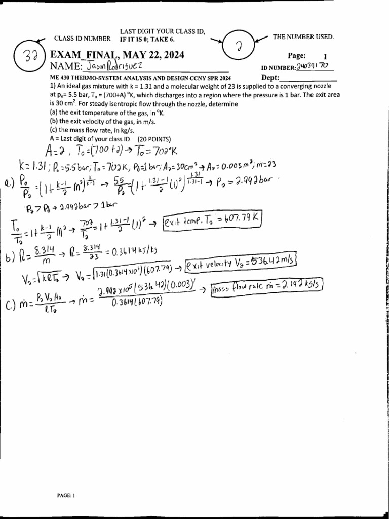 32 Fin Exam Jason Rodriguez Thermo 2 Ccny SPR 2024 | PDF