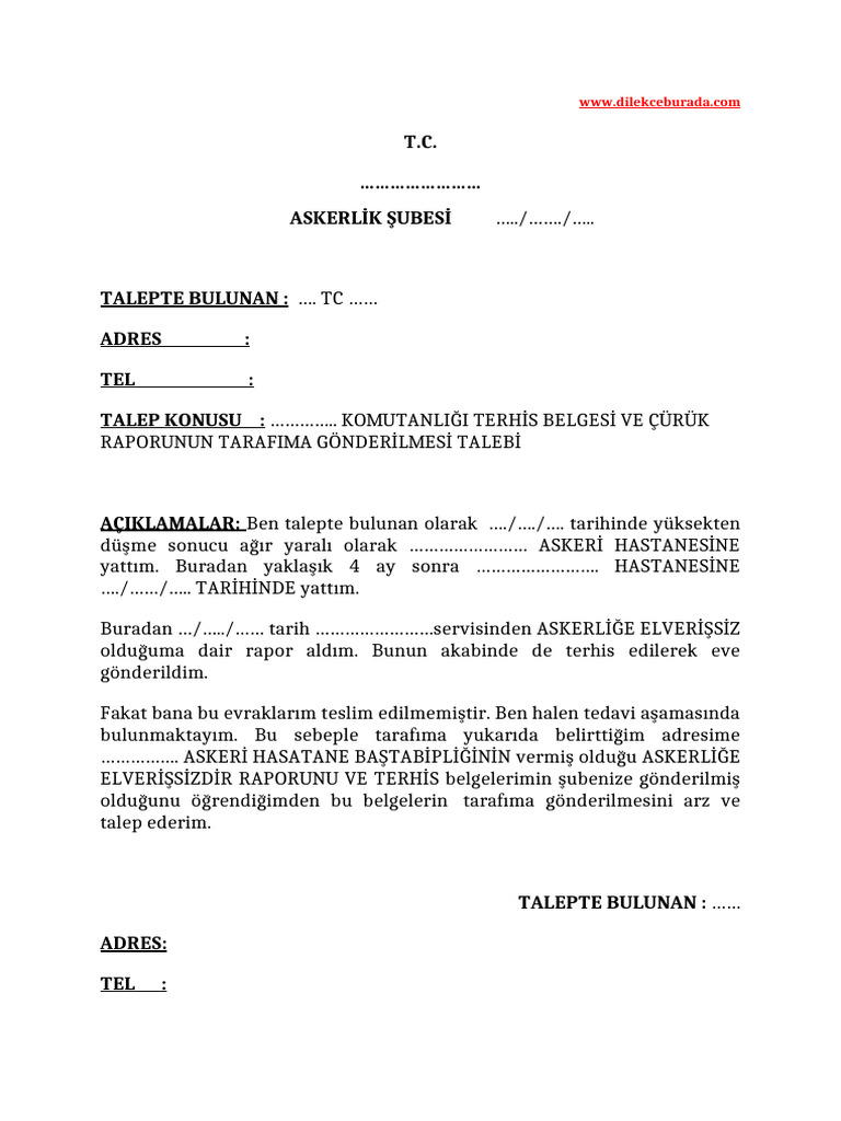 Curuk Raporu Ve Terhis Talebi Dilekcesi Ornegi | PDF