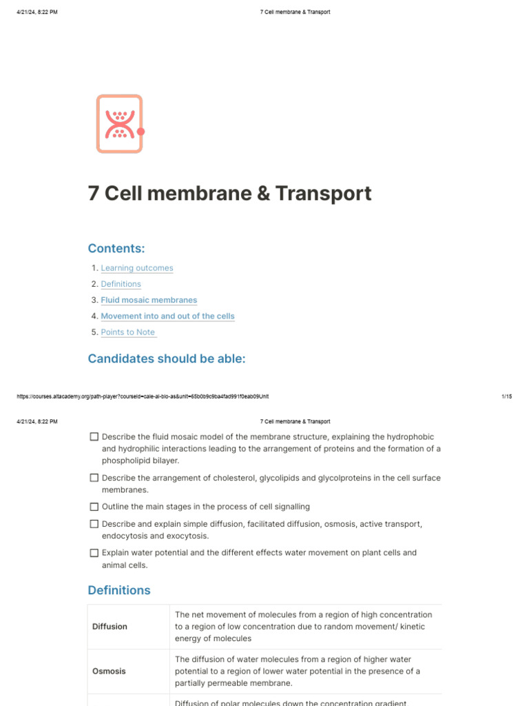Revision Guide - Cell Membrane and Transport | PDF