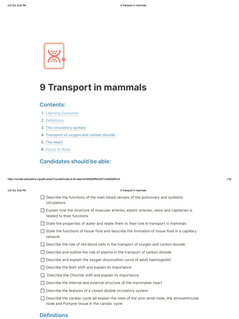 Revision Guide - Transport in Mammals | PDF