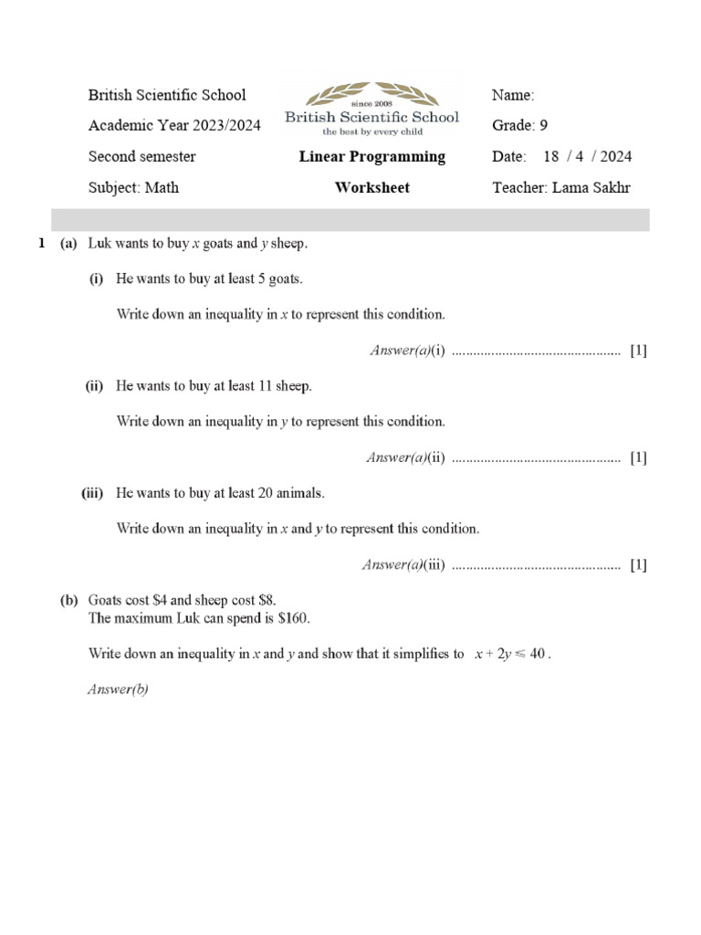 G9 Math 14.3 Linear Programming Worksheet | PDF