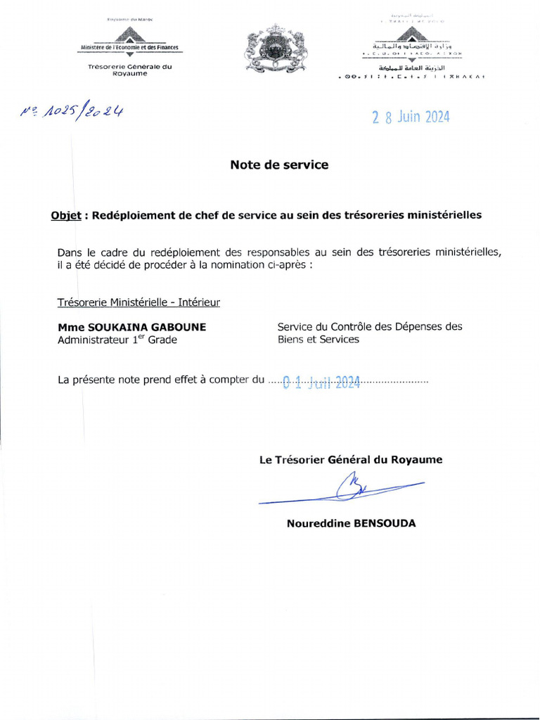 Note de Service 10252024 Du 28062024 Relative Au Redéploiement de Chef ...