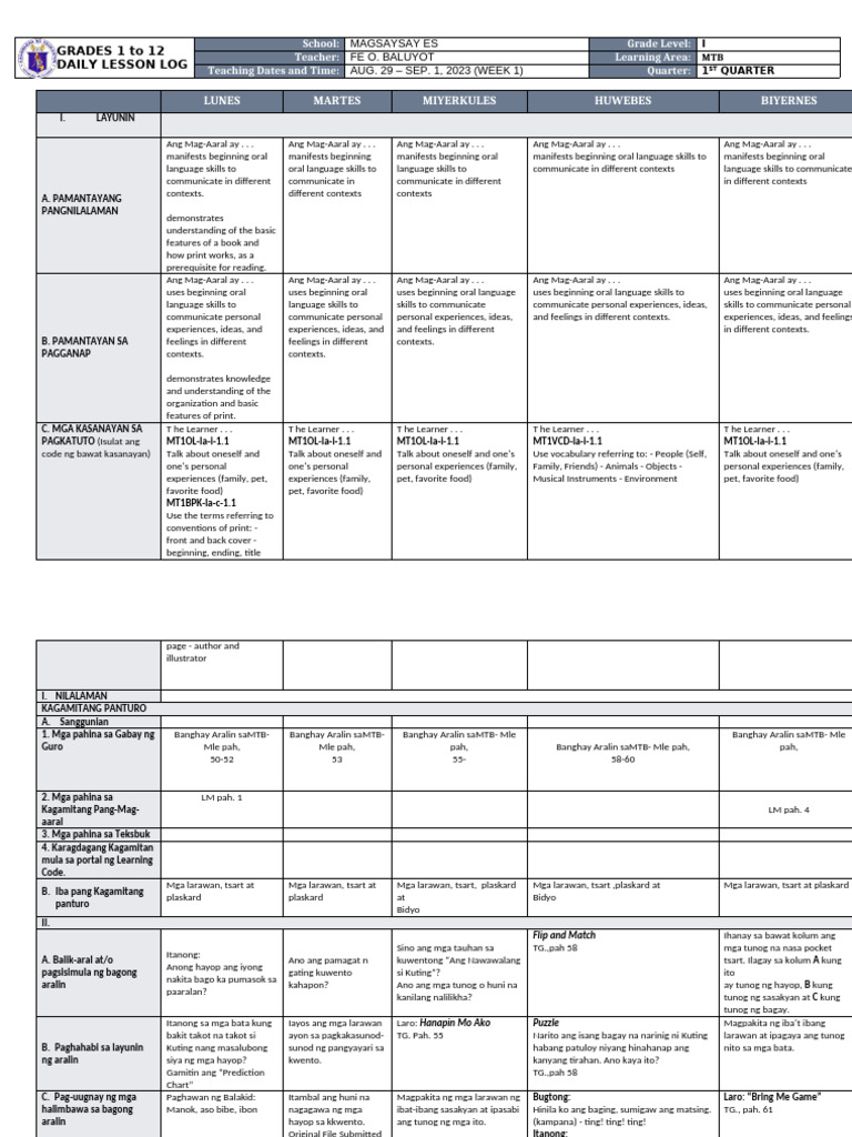 DLL - MTB 1 - Q1 - W1 | PDF