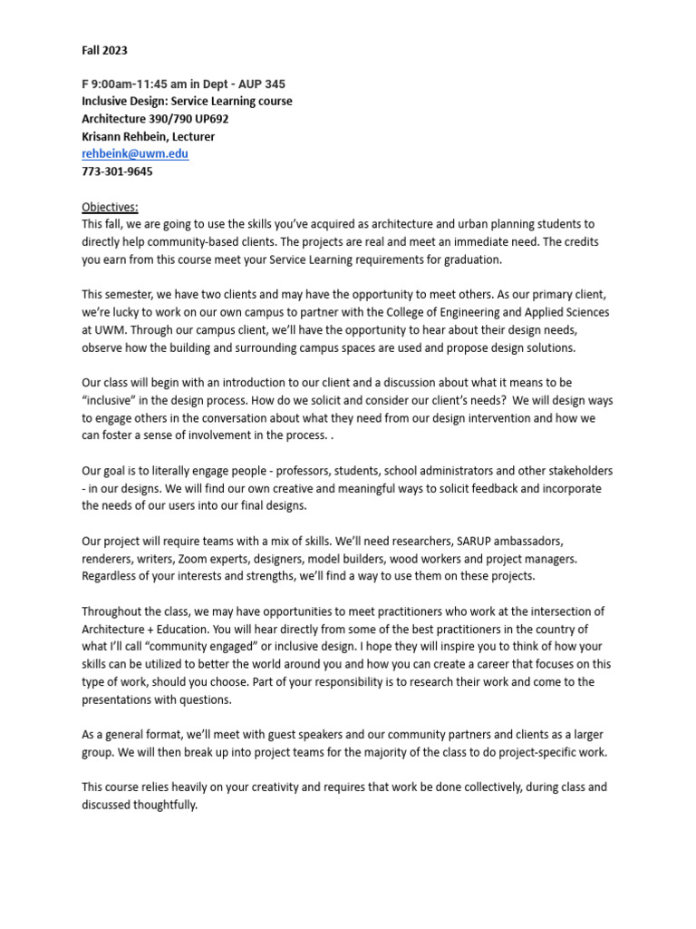 Syllabus Inclusive Design Service Learning Course ARC790UP692 Fall 2023 ...