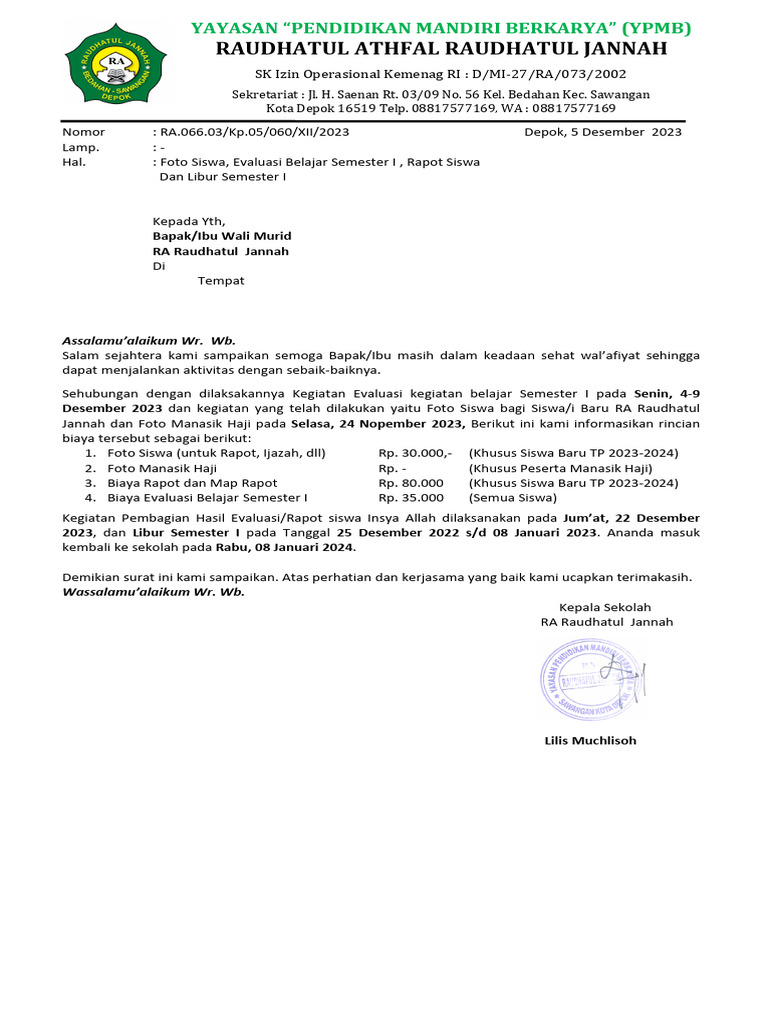 Kegiatan Evaluasi, Rapot Dan Libur Semster 1 TP 2023-2024 | PDF