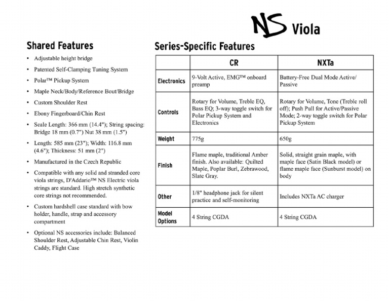 NS Design Electric Viola Feature Comparison Guide | PDF NS Design Electric Viola Feature Comparison Guide | PDF