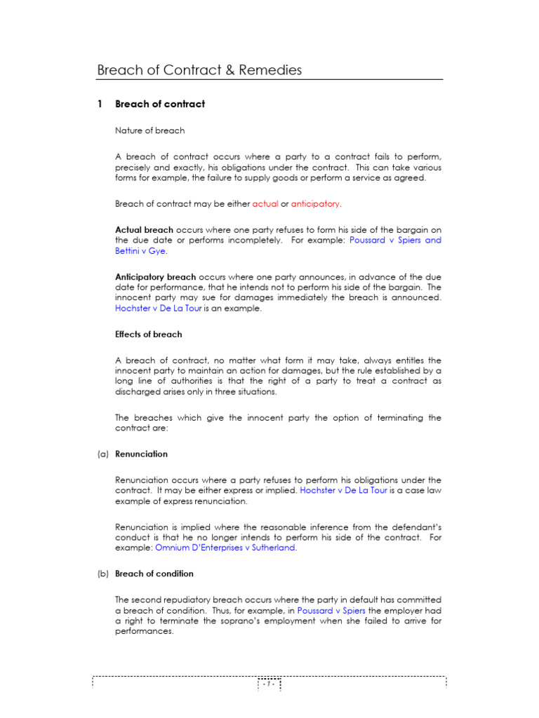 Breach of Contract and Remedies 1 Breach | PDF