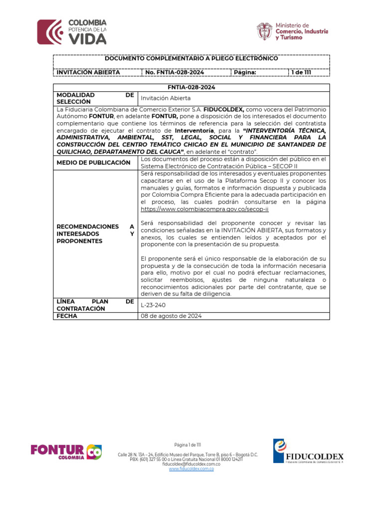 Documento Complementario Invitación No. FNTIA-028-2024 Interventoría Quilichao | PDF