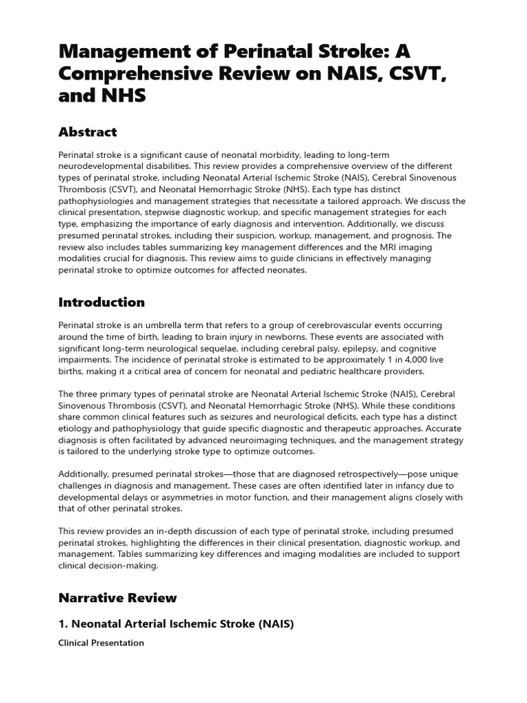 Management of Perinatal Stroke: A Comprehensive Review On NAIS, CSVT, and NHS | PDF | Stroke ...