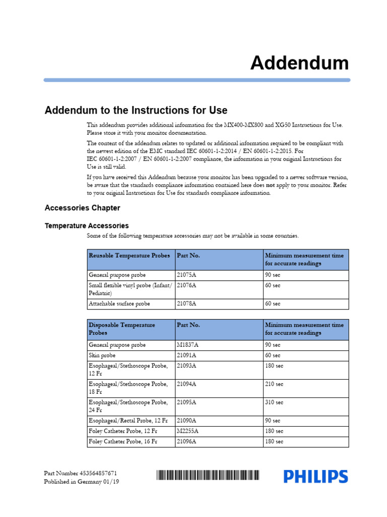 MX400-800 IntelliVue Patient Monitor Rel. M.04 Addendum For Instructions For Use (4th. Ed.) 4535 ...