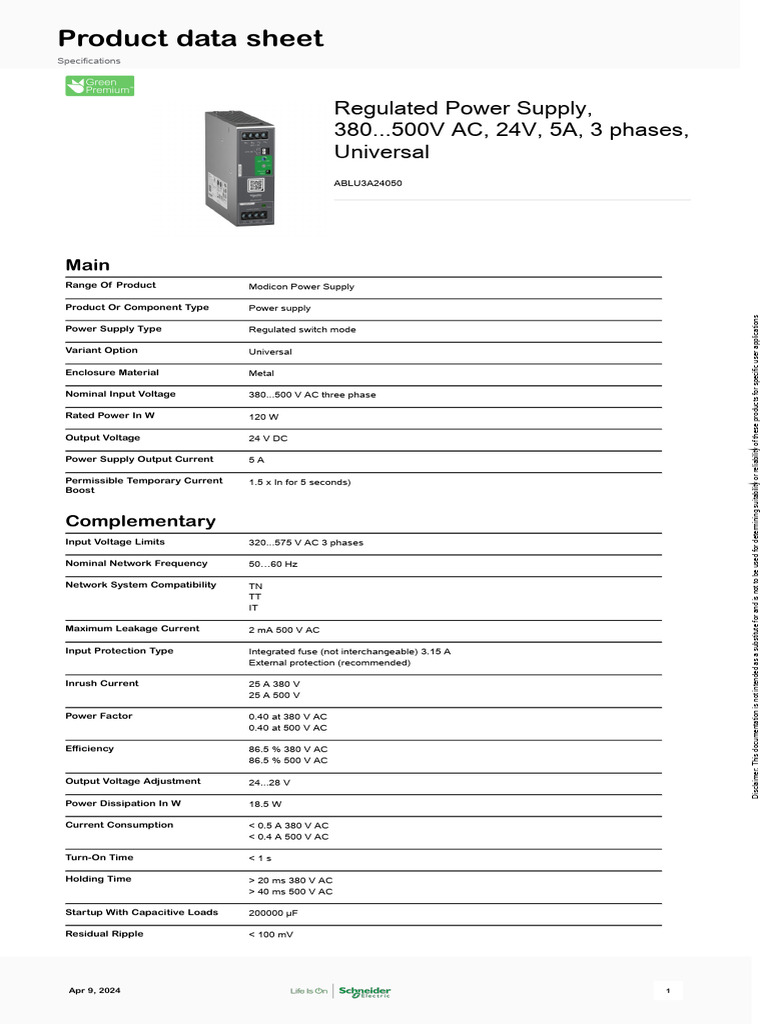 Modicon 24V 5A 3-Phase Power Supply | PDF | Power Supply | Science & Mathematics