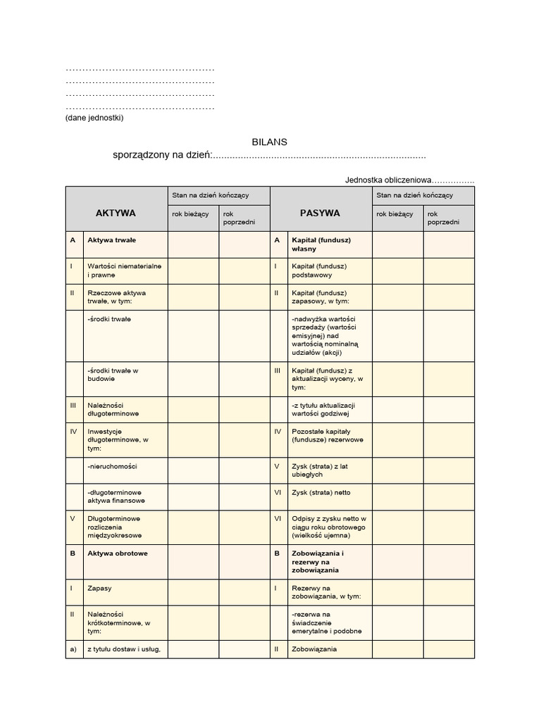 Bilans Dla Jednostki Małej - Wzór | PDF