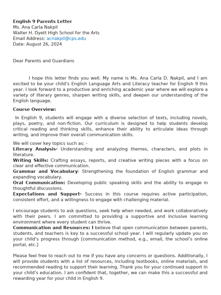 English 9 Parents Letter | PDF