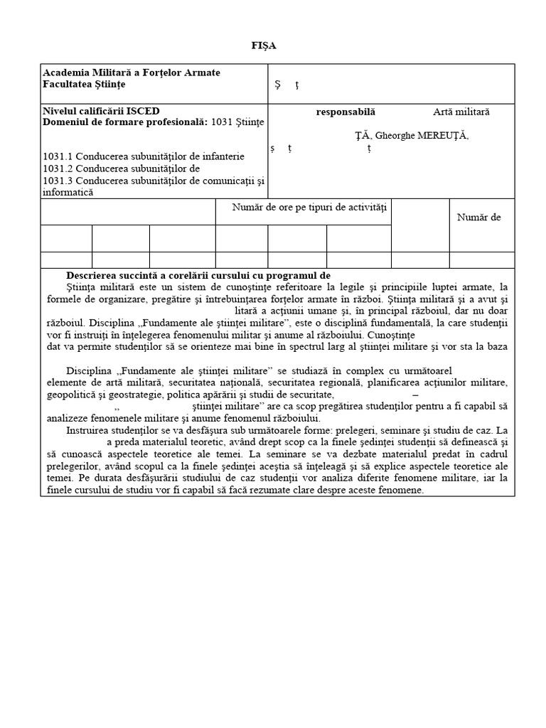 Fisa Disciplinei FSM Конвертирован | PDF