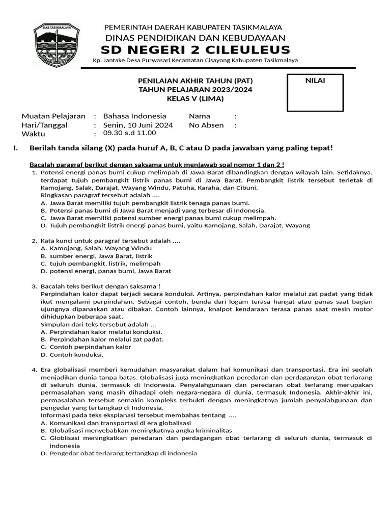 Soal Pat KLS V Bahasa Indonesia 2023-2024 | PDF