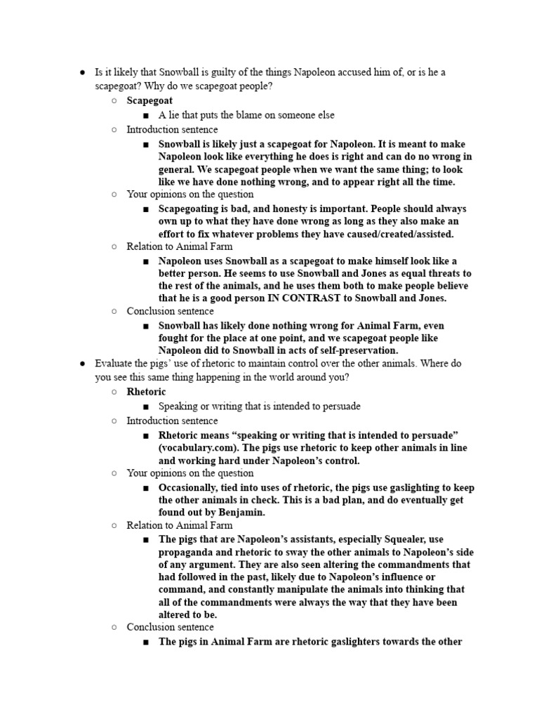 Animal Farm Socratic Seminar Notes | PDF