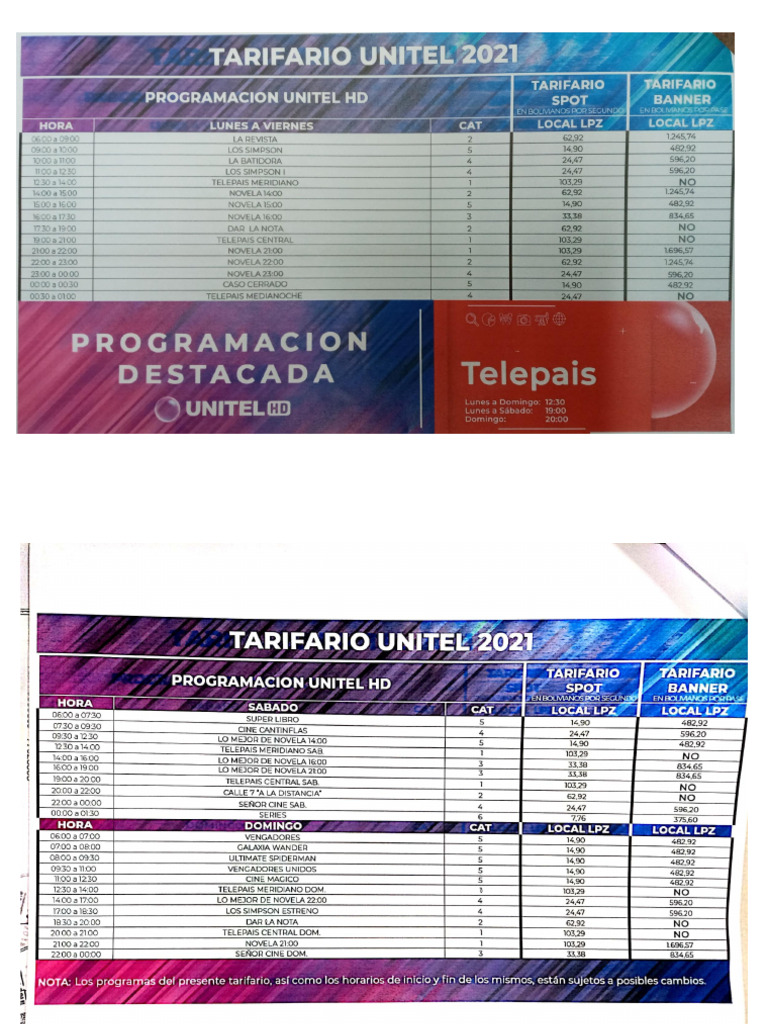 Tarifario Unitel Edrm 2021 | PDF