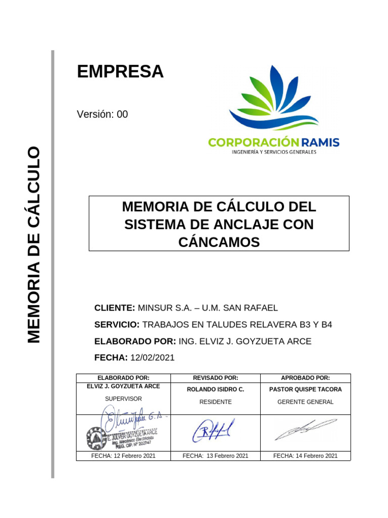 Memoria de Calculo de Anclaje Cancamo | PDF Memoria de Calculo de Anclaje Cancamo | PDF