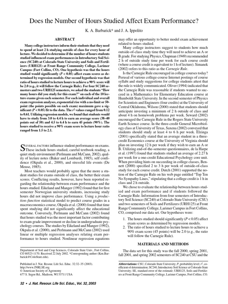 Does The Number of Hours Studied Affect Exam Performance?: K. A ...