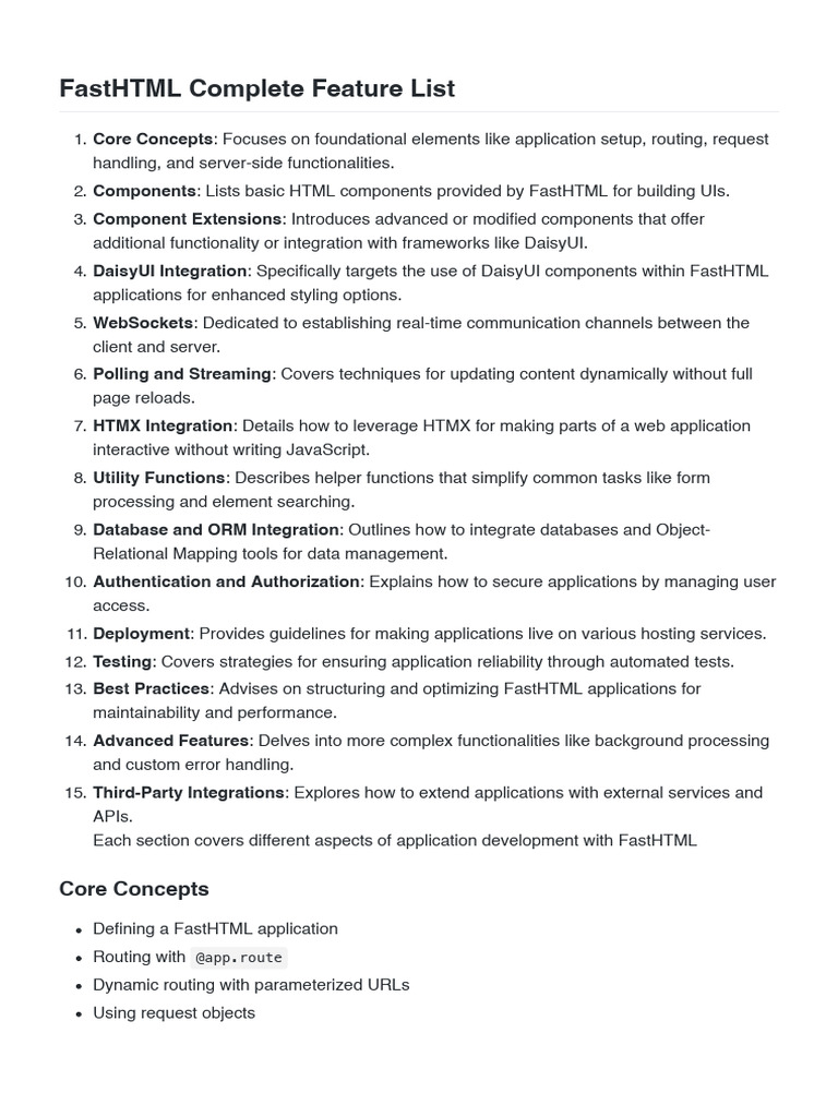 FastHTML Complete Feature List | PDF