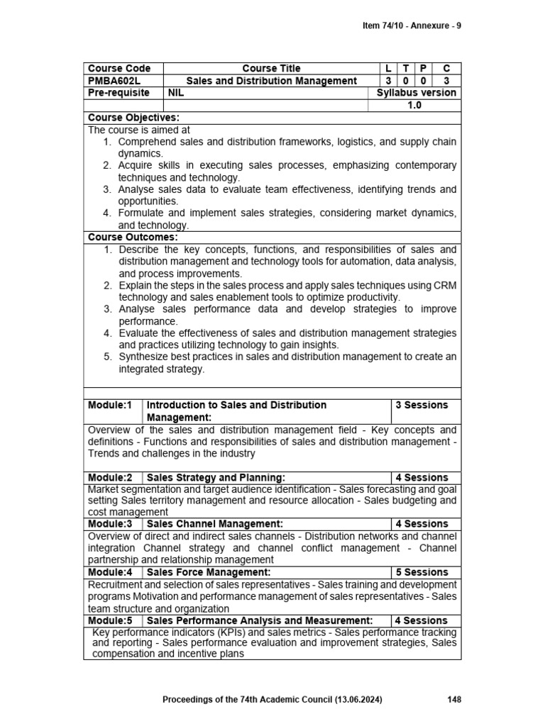 Sales and Distribution Management Course Page | PDF