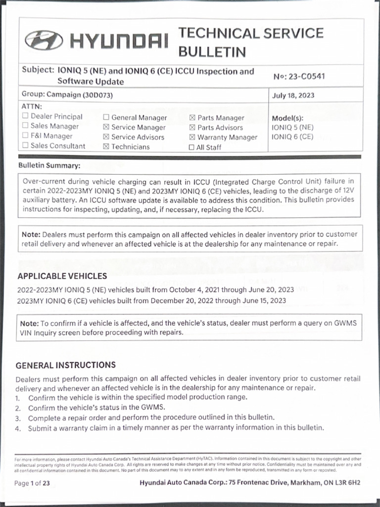Hyundai ICCU TSB 30D073 Canada | PDF