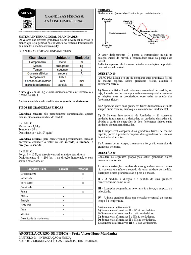 Aula 02 - Grandezas Físicas e Análise Dimensional | PDF