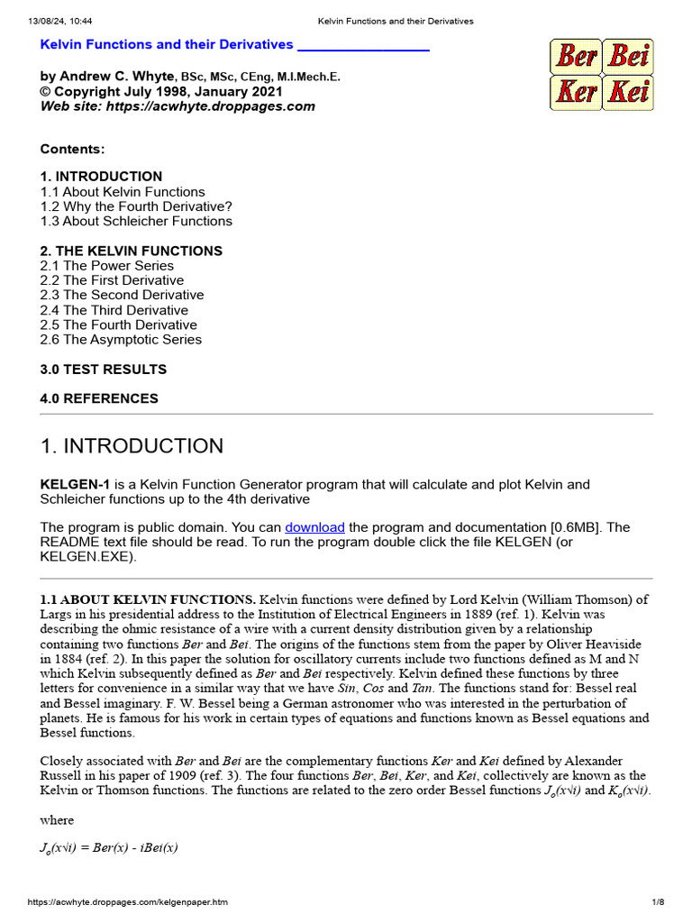 Kelvin Functions and Their Derivatives | PDF