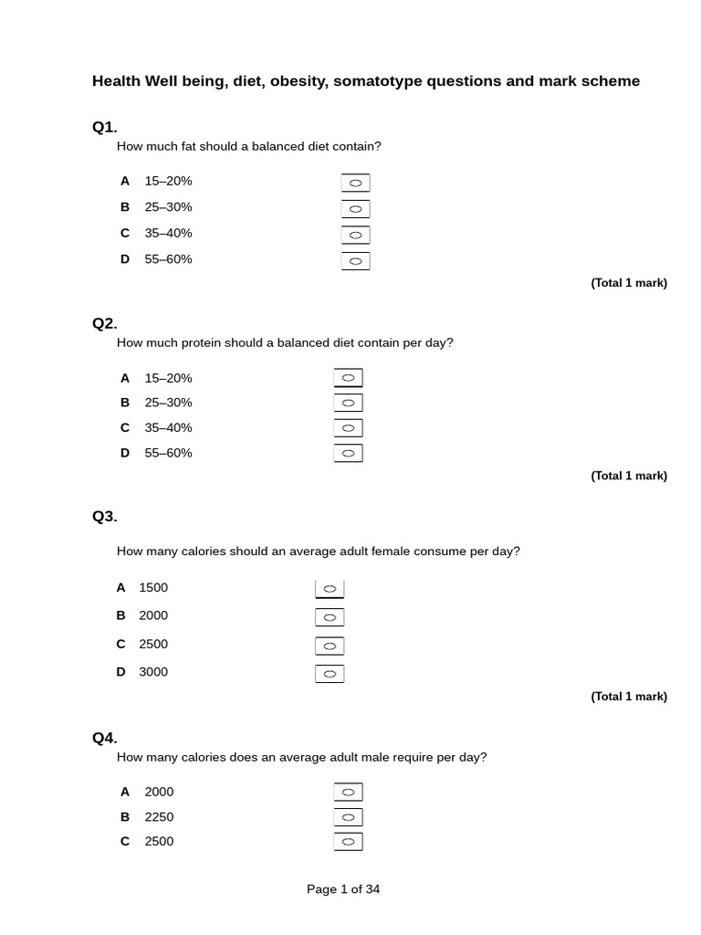 HealthandWellbeingunit Questions Markc Scheme | PDF