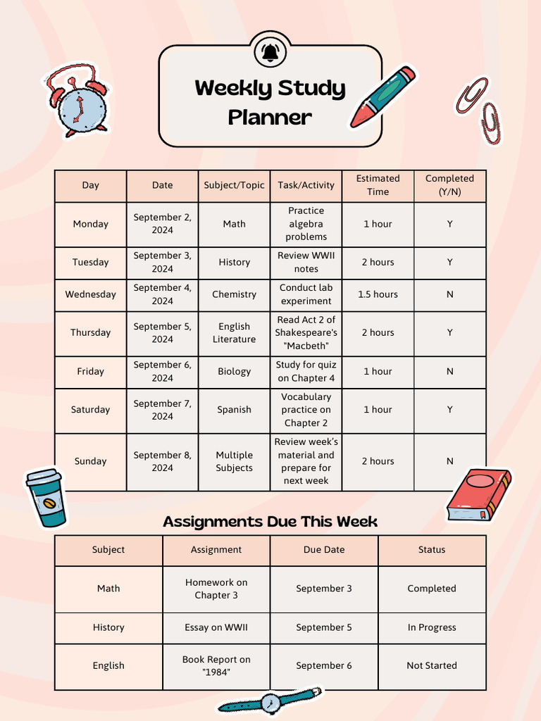Weekly Study Schedule and Assignments | PDF
