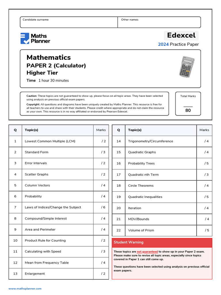 Edexcel 2024 Practice Paper 2 Higher | PDF