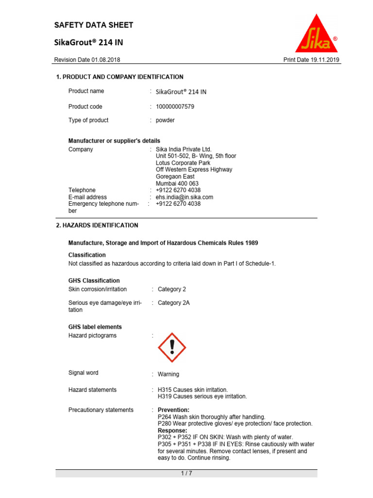 Sikagrout 214 in Msds | PDF | Dangerous Goods | Solubility