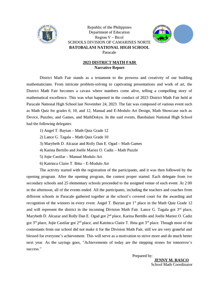 District Math Fair Accomplishment Report | PDF