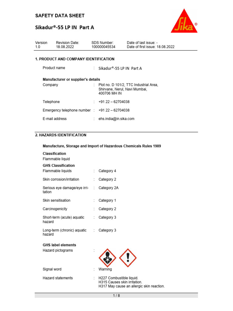 01 - MSDS - Sikadur 55 LP IN Comp. A | PDF