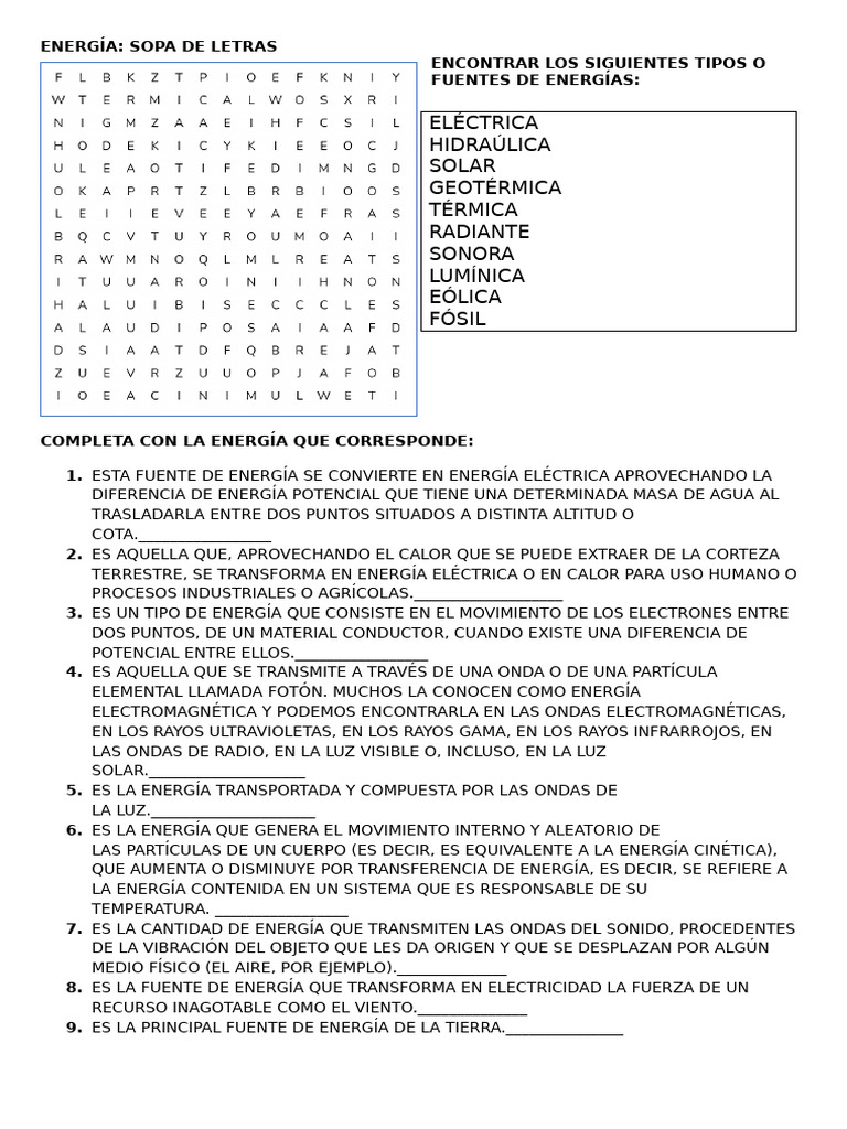 ENERGÍA_SOPAS DE LETRAS | PDF