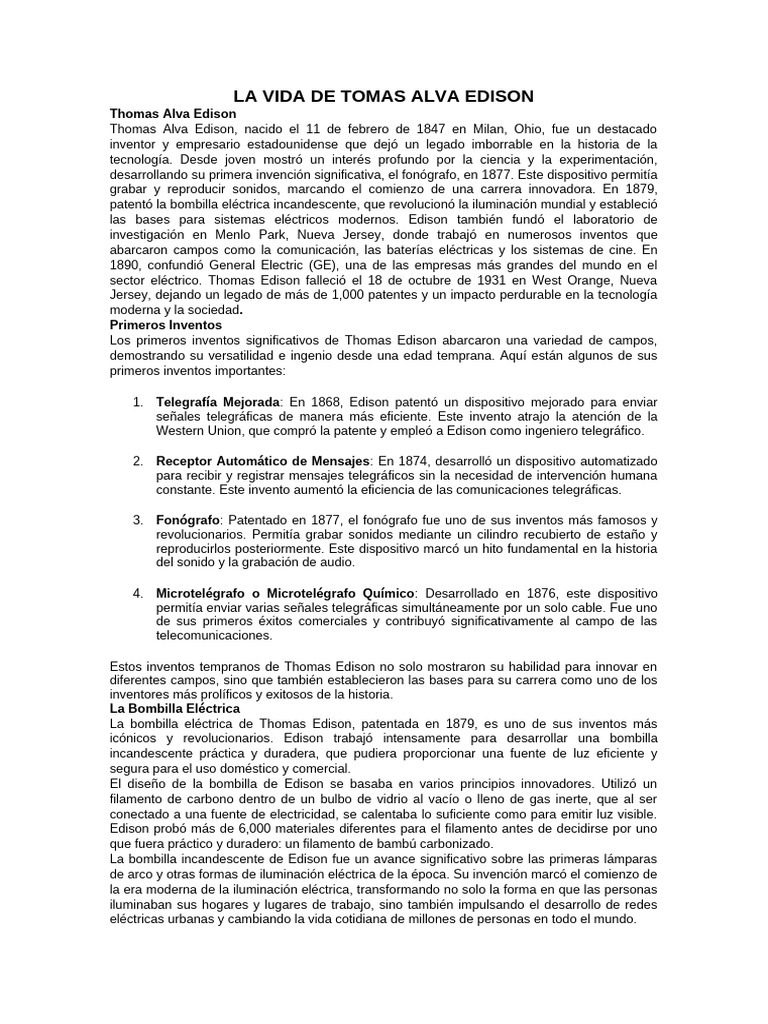 La Vida de Tomas Edison | PDF