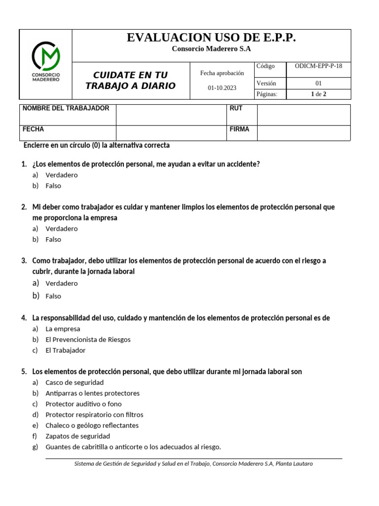 Odicm-Epp-P-18 Evaluacion. Uso Epp | PDF