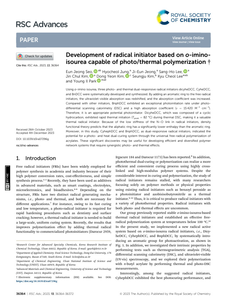 Development of Radical Initiator Based On Oiminoisourea Capable of Photothermal ...