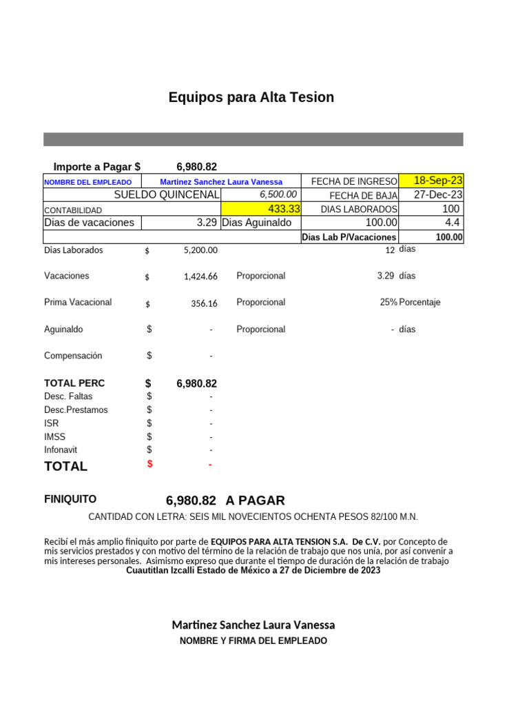 Calculo de Finiquito | PDF Calculo de Finiquito | PDF