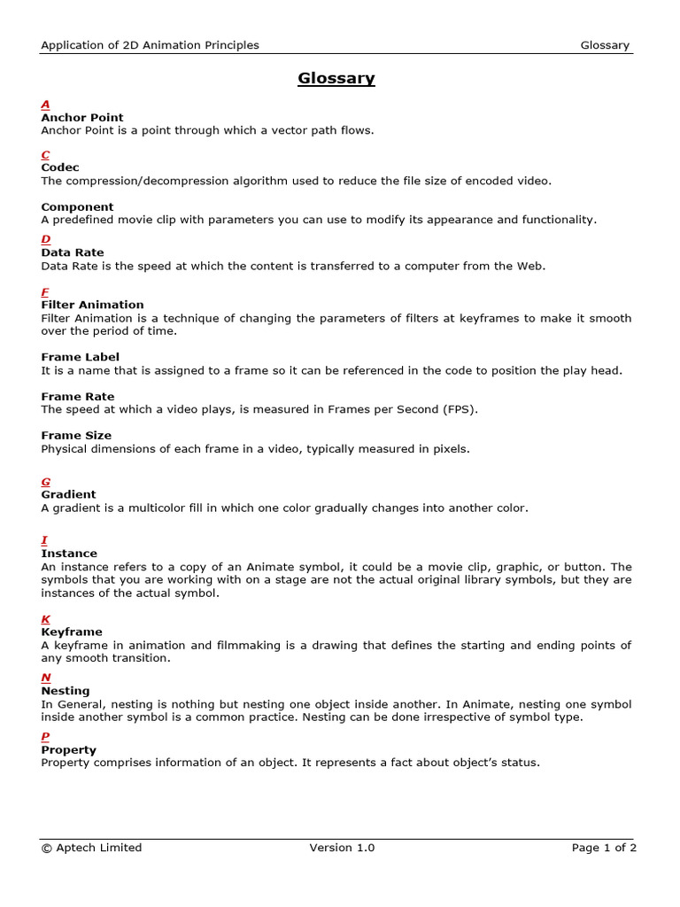Glossary-Application of 2D Animation Principles - 1 | PDF