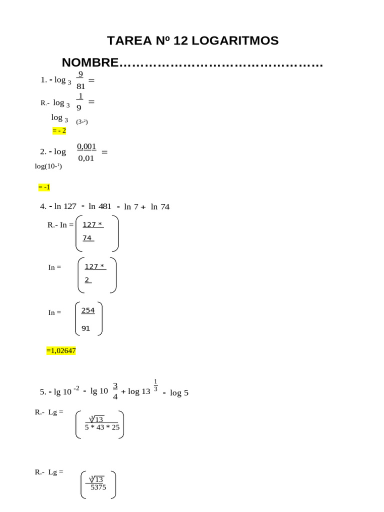 Tarea #12 Logaritmos | PDF
