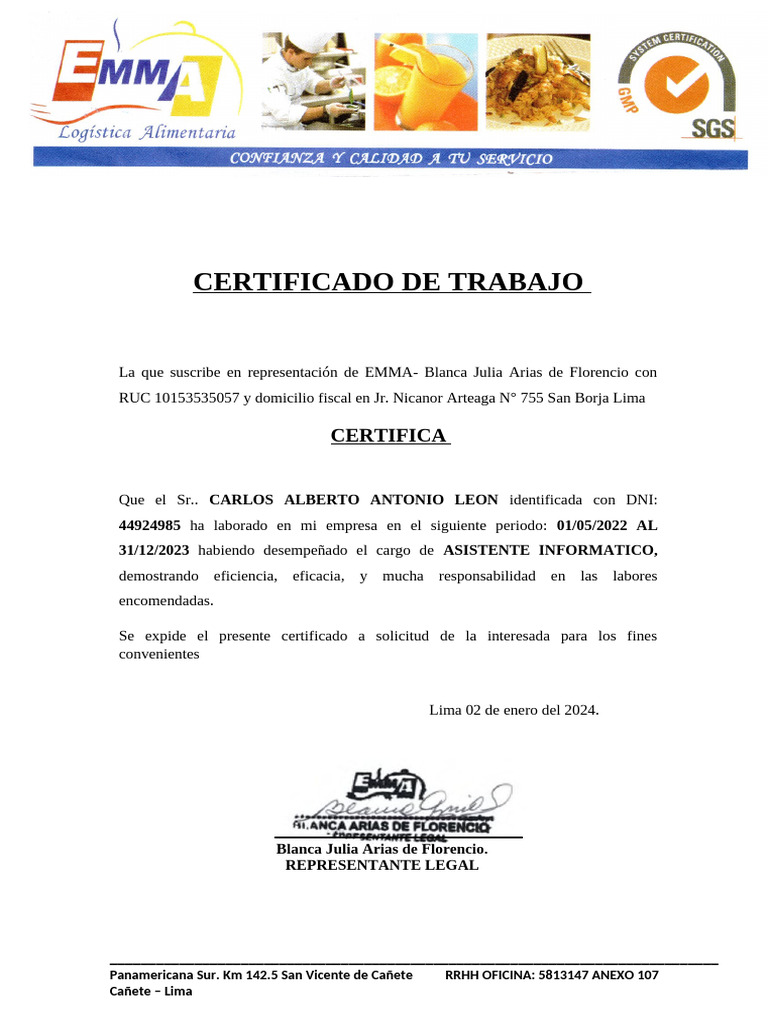 Certificado de Trabajo Emma 18-04-2022 | PDF | Finanzas y dinero