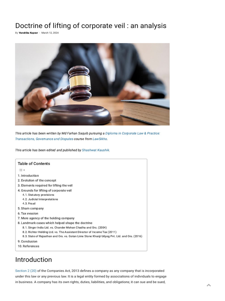 Doctrine of Lifting of Corporate Veil - An Analysis - IPleaders | PDF