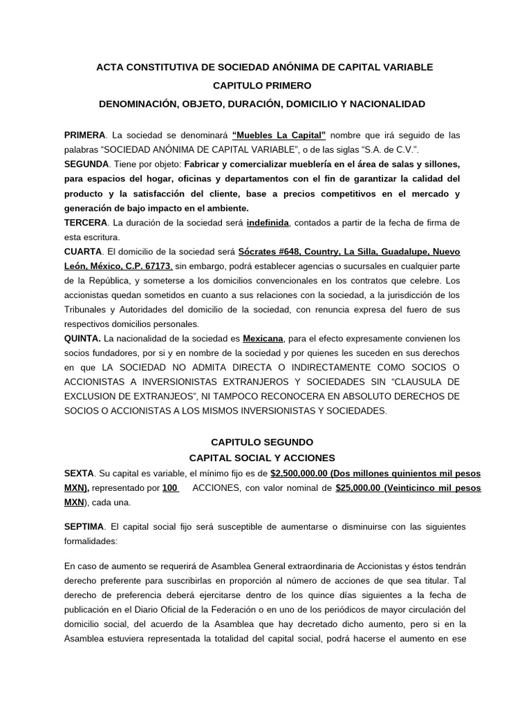 ACTA CONSTITUTIVA DE SOCIEDAD ANÓNIMA DE CAPITAL VARIABLE 1 | PDF